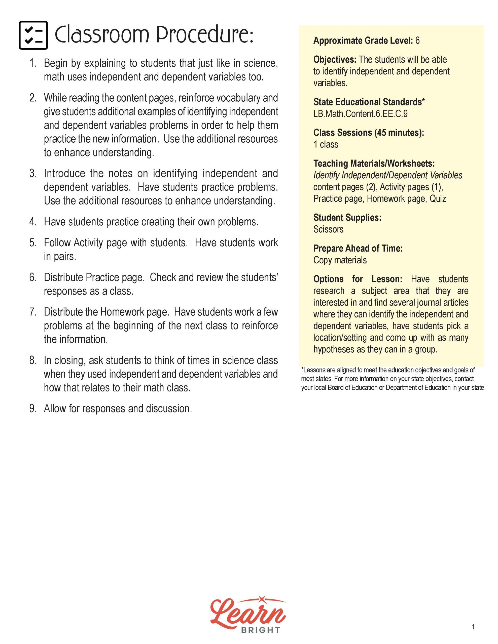 Identify Independent/Dependent Variables Identify Independent/Dependent Variables